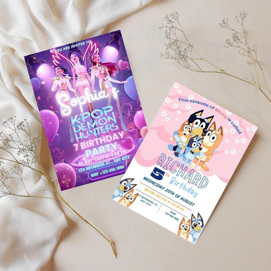 K-pop Demon Huntrix & Bluey Bash Double Trouble Birthday Party Invite ...