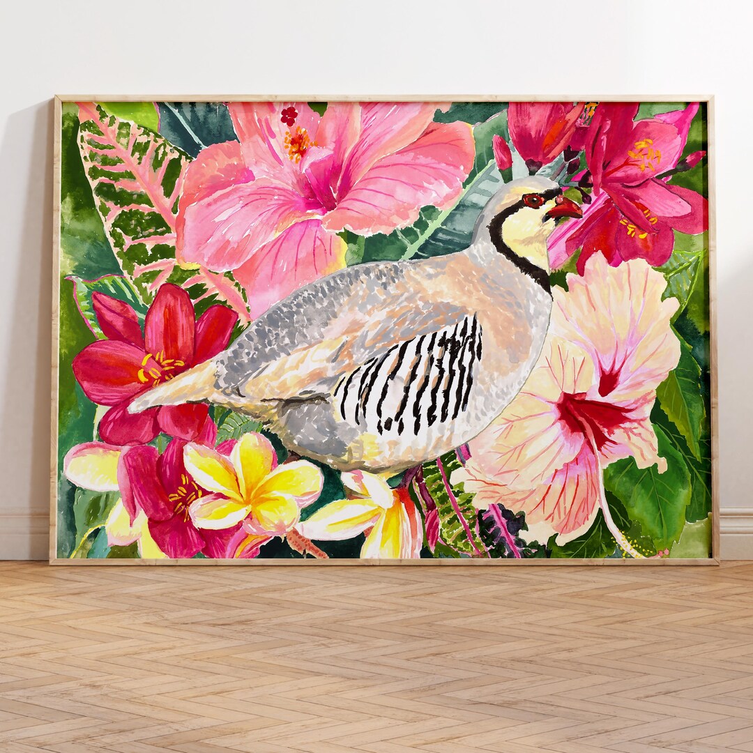 Watercolor Chukar Partridge Poster, Tropical Floral Art Print, Matte ...