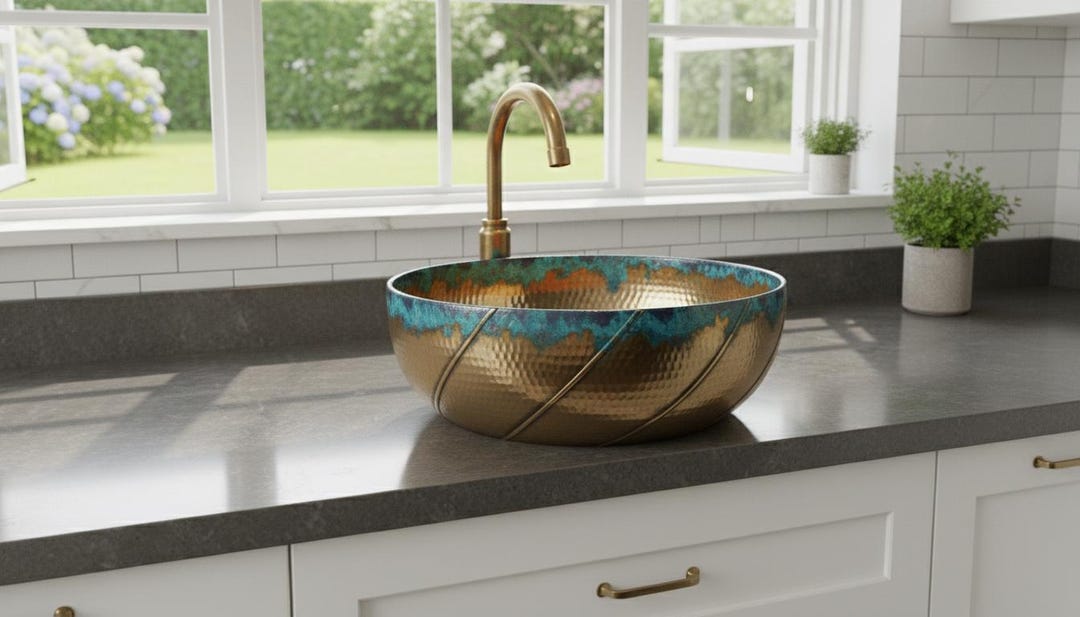 Brass Turquoise Patina Vessel Sink, Blue Patina Hammered Brass Basin ...