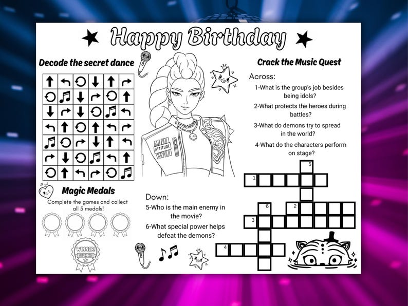 Kpop Demon Hunters K-pop Birthday Party Coloring Mats Rumi Zoey Mira ...