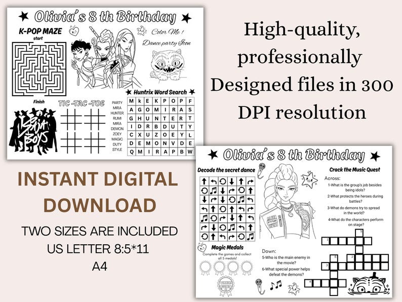 Kpop Demon Hunters K-pop Birthday Party Coloring Mats Rumi Zoey Mira ...