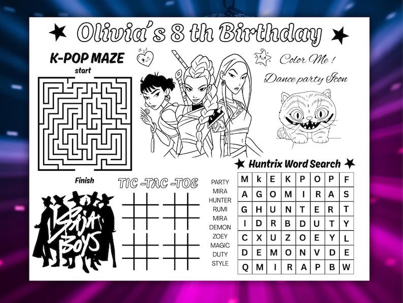 Kpop Demon Hunters K-pop Birthday Party Coloring Mats Rumi Zoey Mira ...