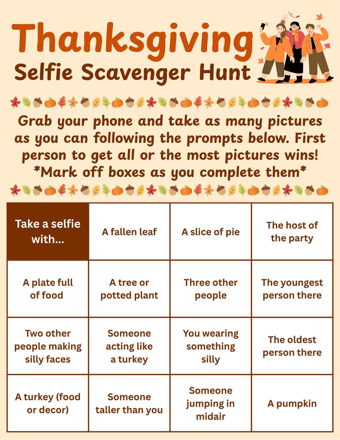 Printable Thanksgiving Selfie Scavenger Hunt Game, for Kids and Adults ...