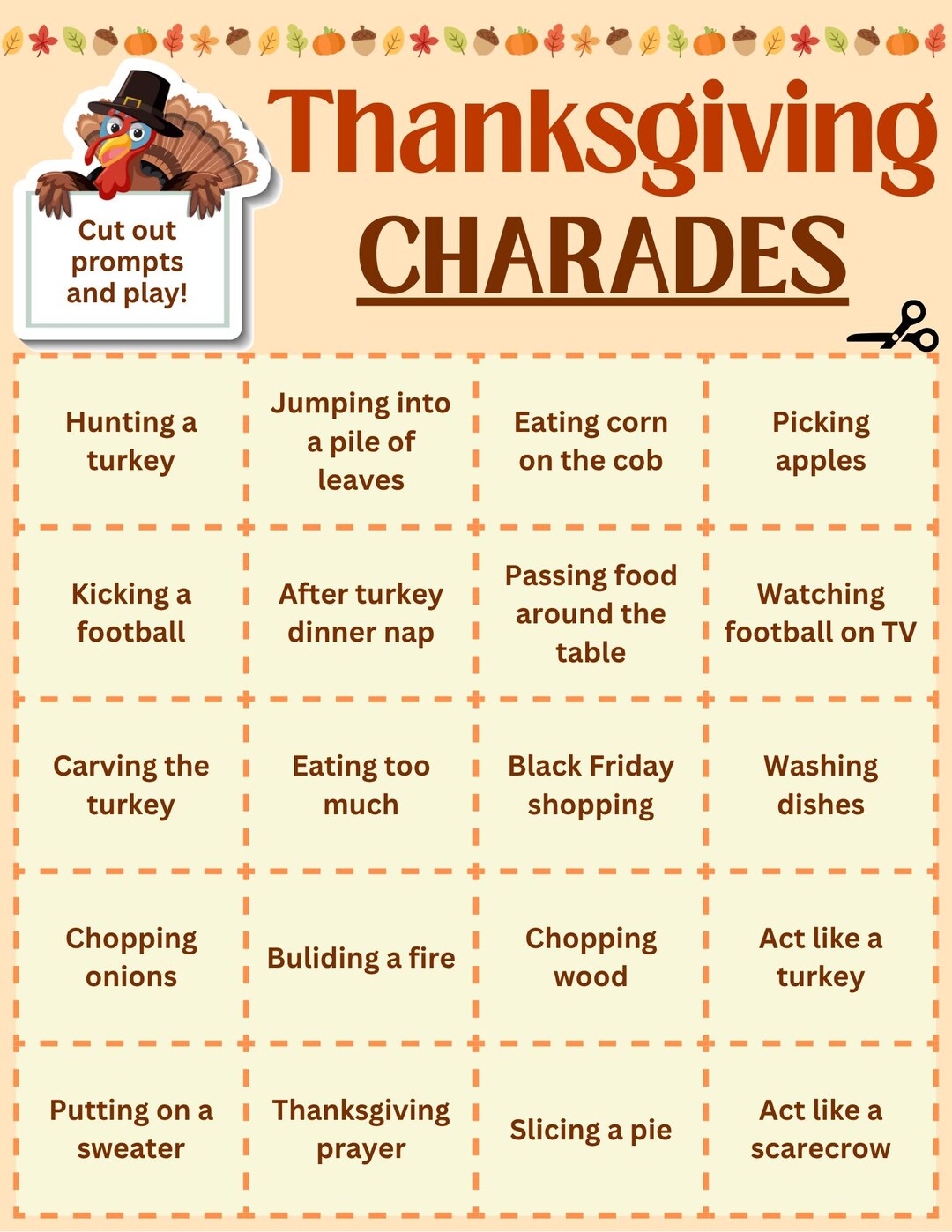 Printable Thanksgiving Charades Game, for Kids and Adults, Digital ...