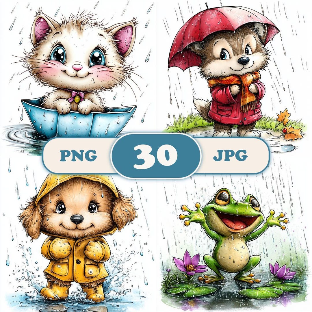 30 Rainy Day Animal Clipart Bundle, Kawaii Whimsical Animal PNG ...