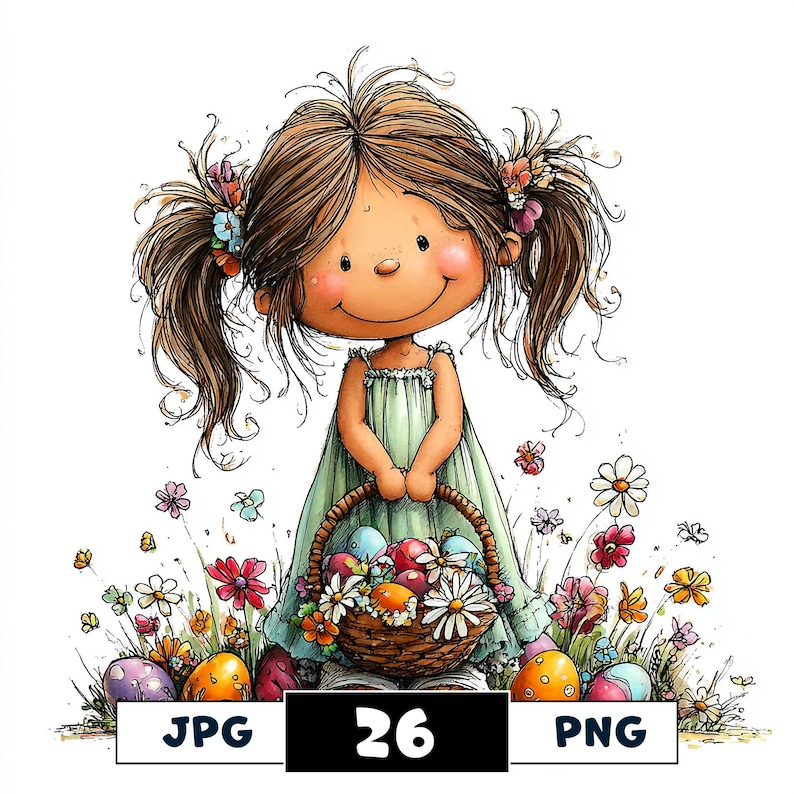 Whimsical Easter Girl Clipart Bundle – Watercolor Spring Flowers, Egg ...