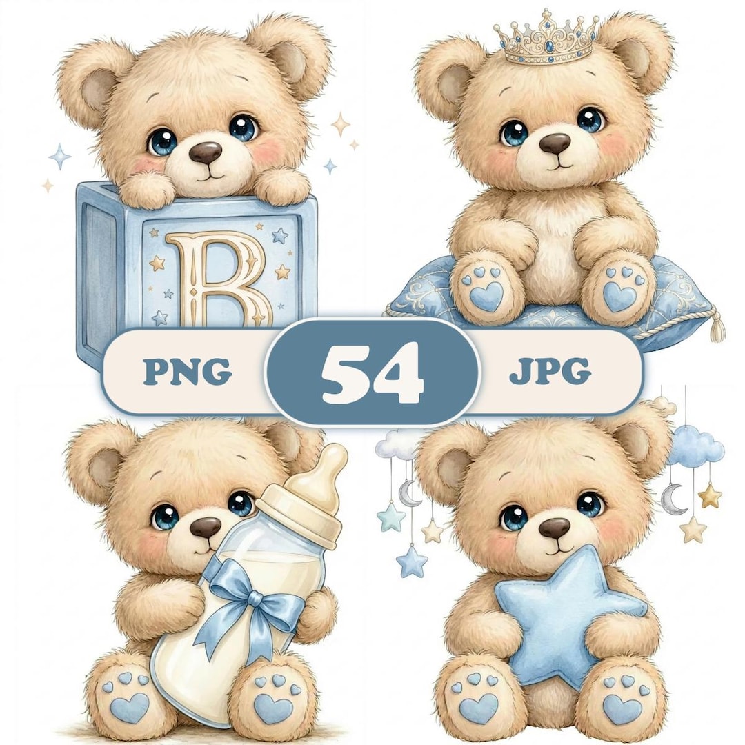 54 Watercolor Teddy Bear Baby Shower Clipart, Baby Boy Nursery ...
