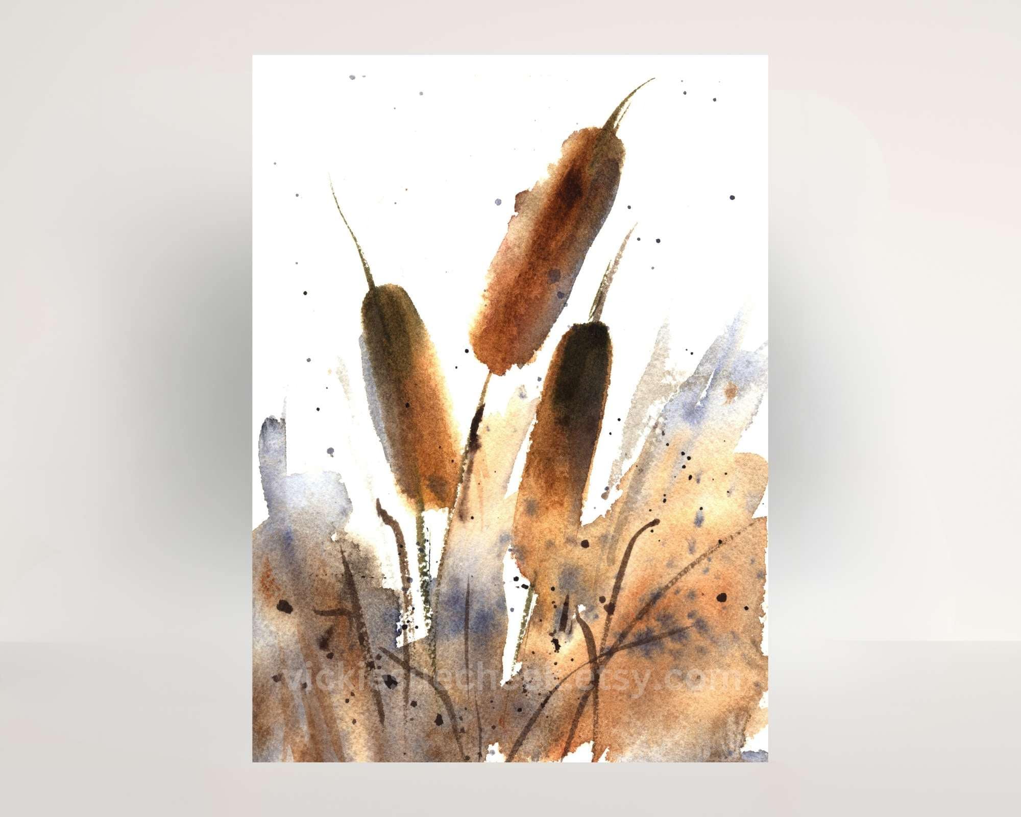 Loose Cattails Watercolor Painting, ARCHIVAL PAPER Print of 'sunlit ...