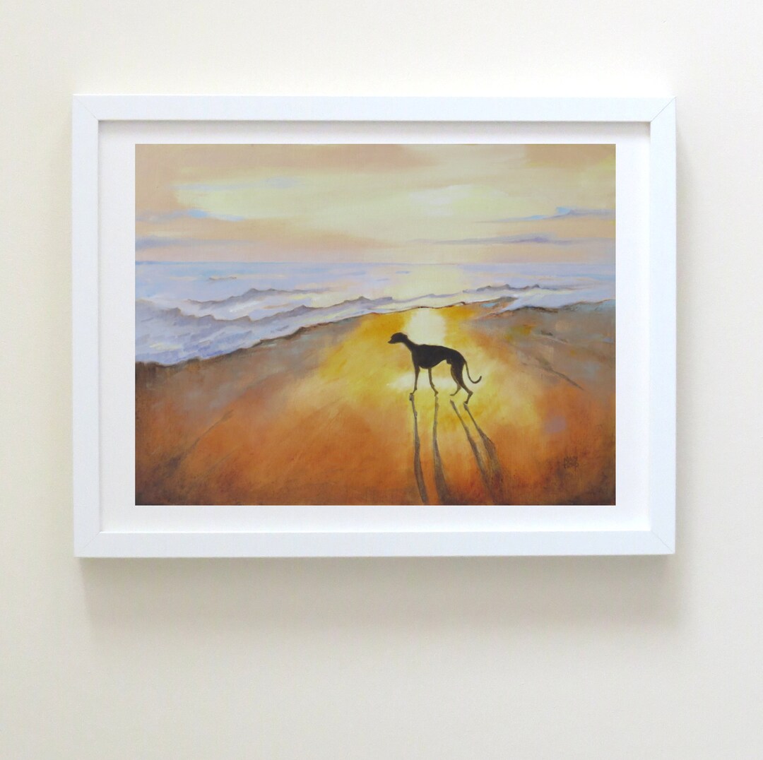 Golden Sands, Whippet at Sunset, Dog on the Beach Print, Whippet Print ...