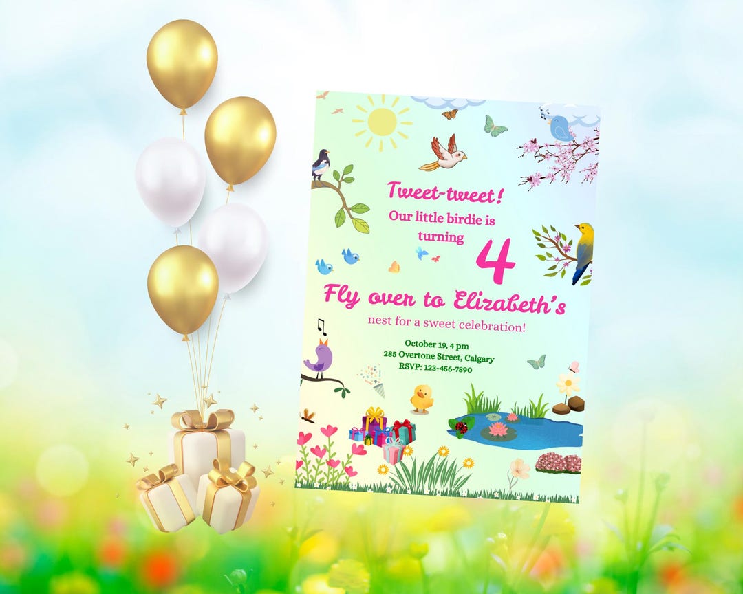 Birdie Birthday Invitation Template, Pink and Green (digital Download ...
