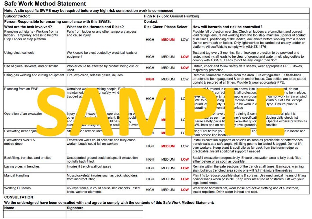 Plumbing SWMS Pre Filled Template - Etsy UK