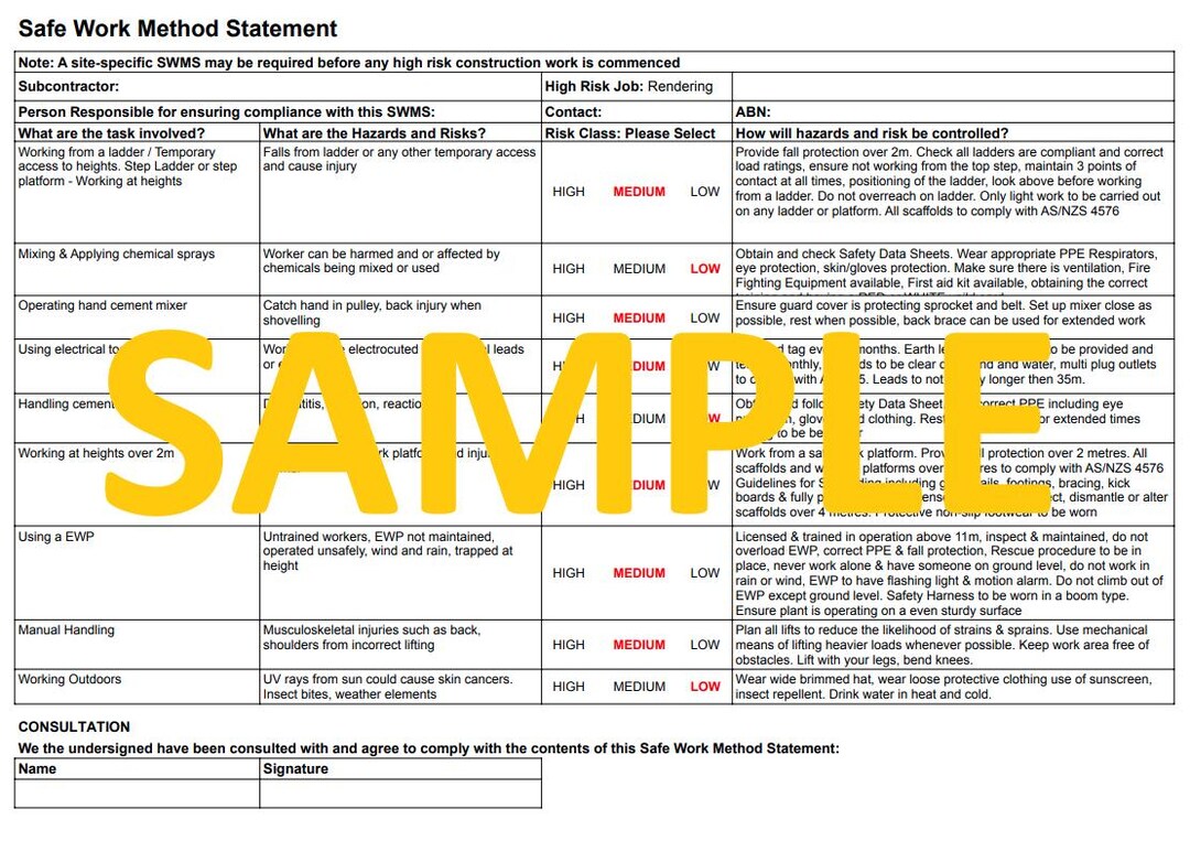 Rendering SWMS Pre Filled Template - Etsy