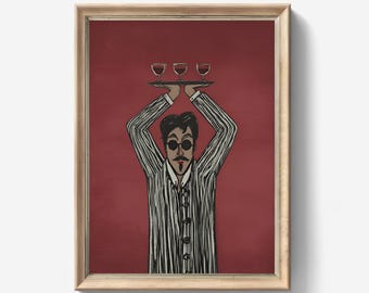 Vintage Waiter Oil Painting Print, Vintage Beverage Poster, Bar Wall ...