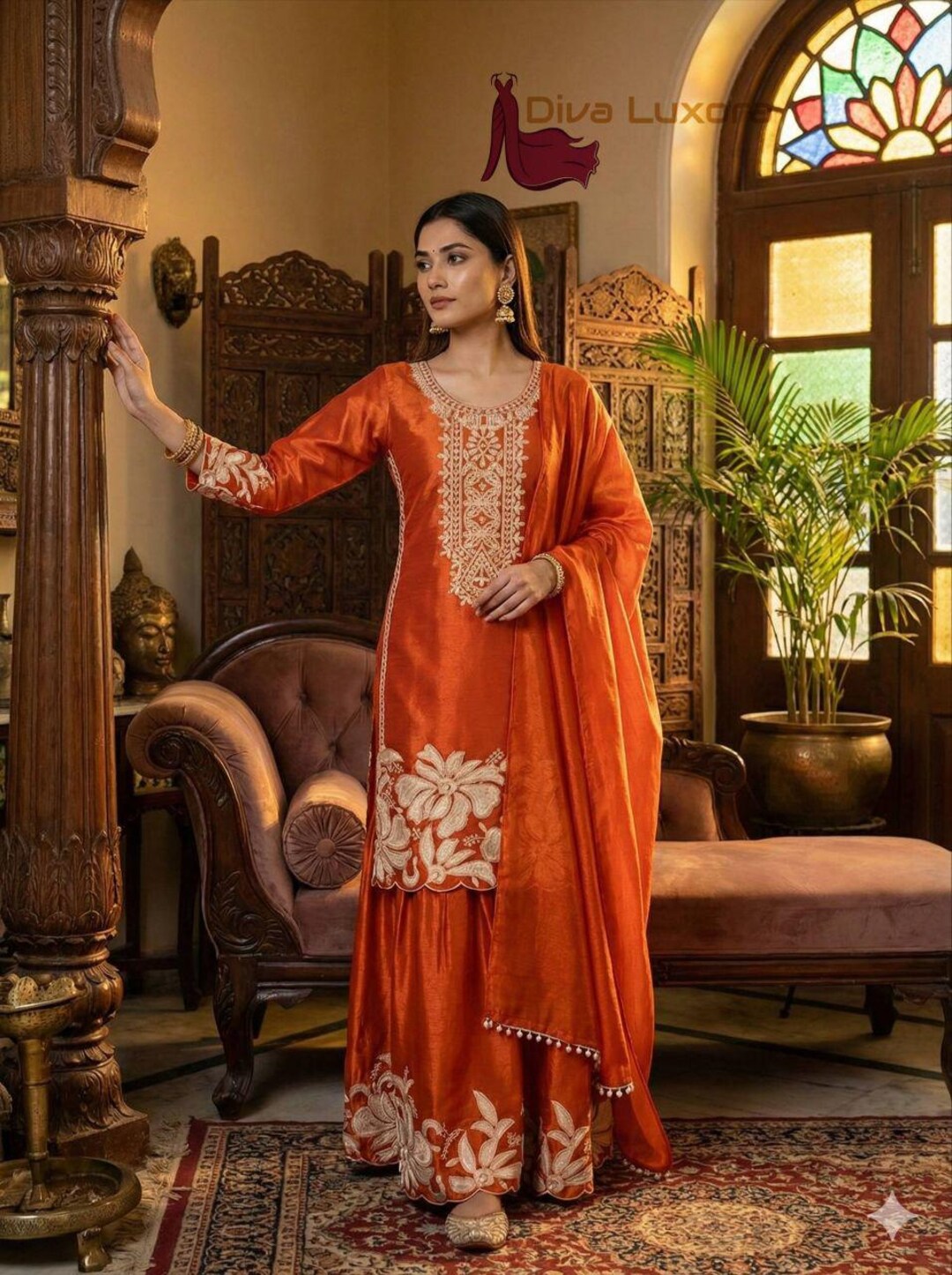 EID SPECIAL Sarara Pair in Jimmy Choo Orange Embroidered Palazzo Set ...