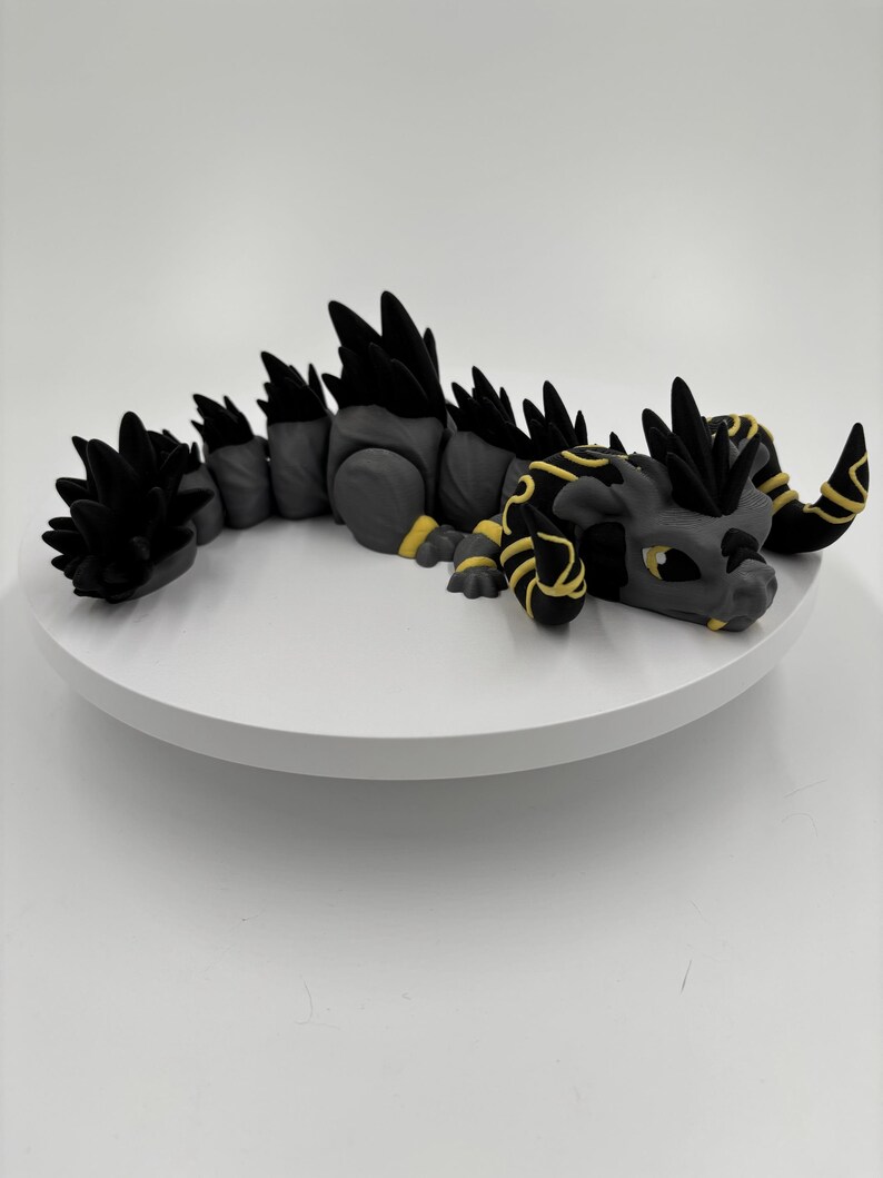 Articulated Dragon – 10" 3D Printed Gothic Desk Pet, Black Spikes, Gold ...