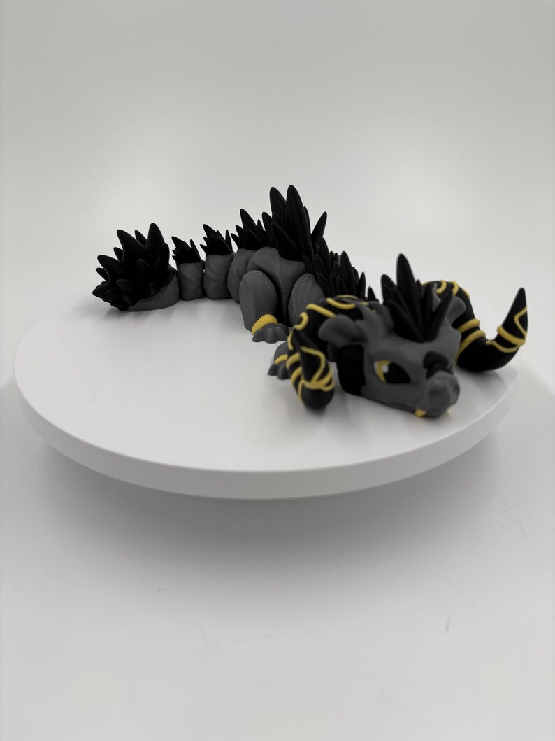 Articulated Dragon – 10" 3D Printed Gothic Desk Pet, Black Spikes, Gold ...