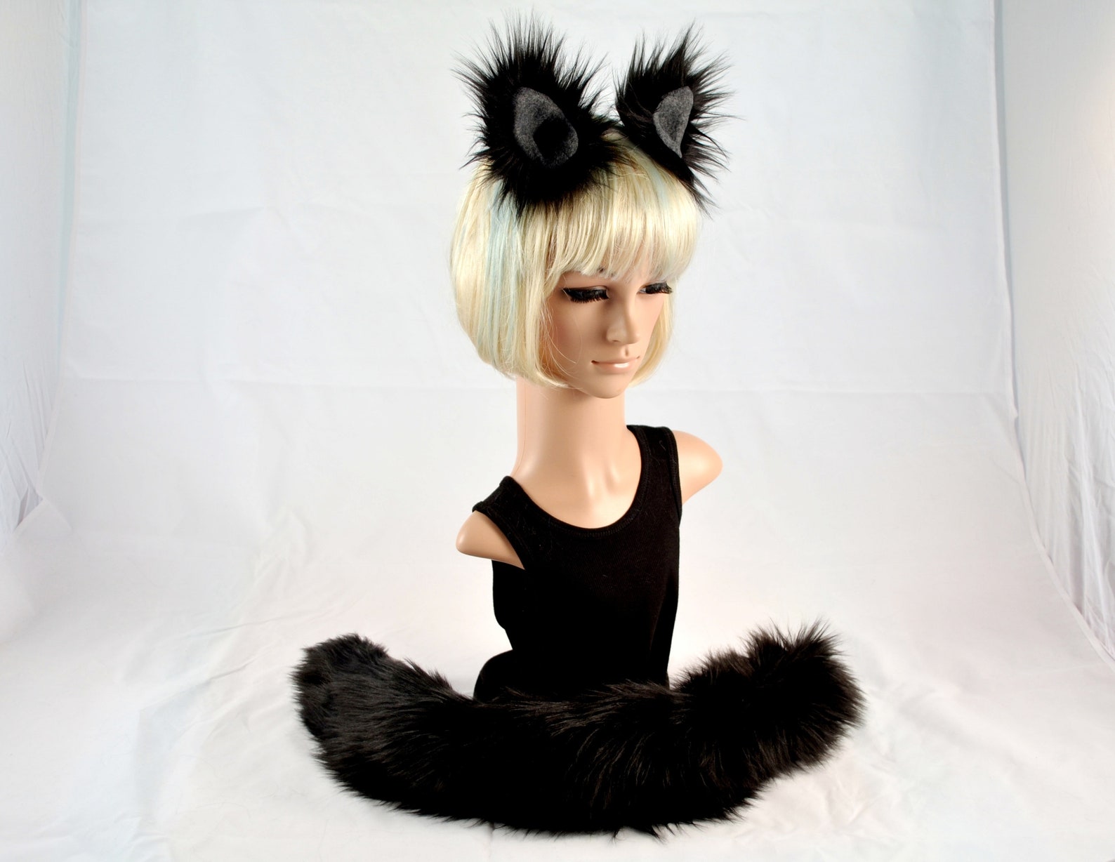 Black Cat Ear and Tail Clip On Combo in Faux Fur Kitty | Etsy