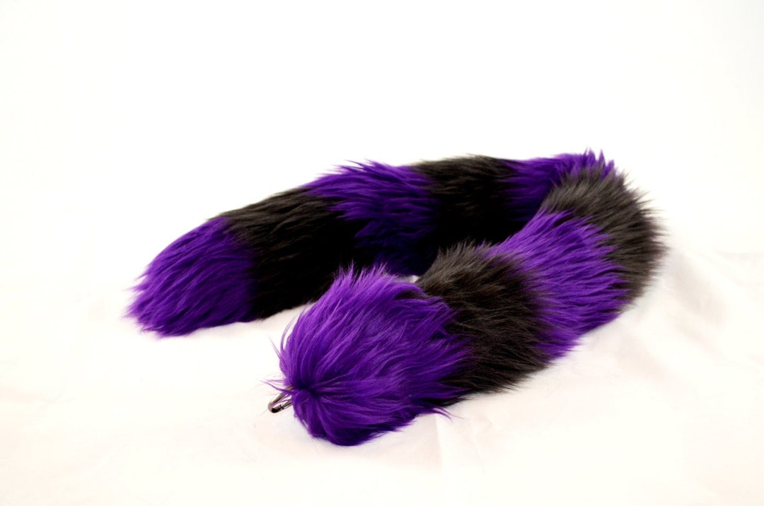 Purple Cat Tail With Black Stripes Faux Fur Kitty Tail - Etsy