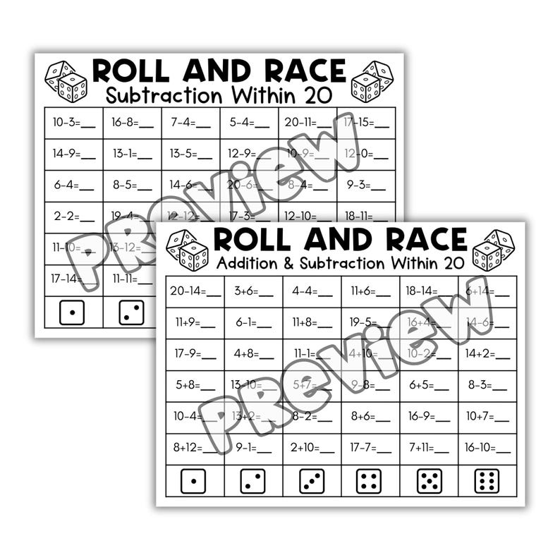 Roll and Race Math Dice Games | Addition and Subtraction Within 20 ...