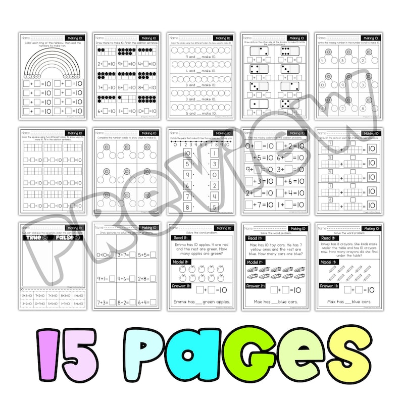 Making 10 Kindergarten Math Worksheets | Friends of 10 | Addition to 10 ...