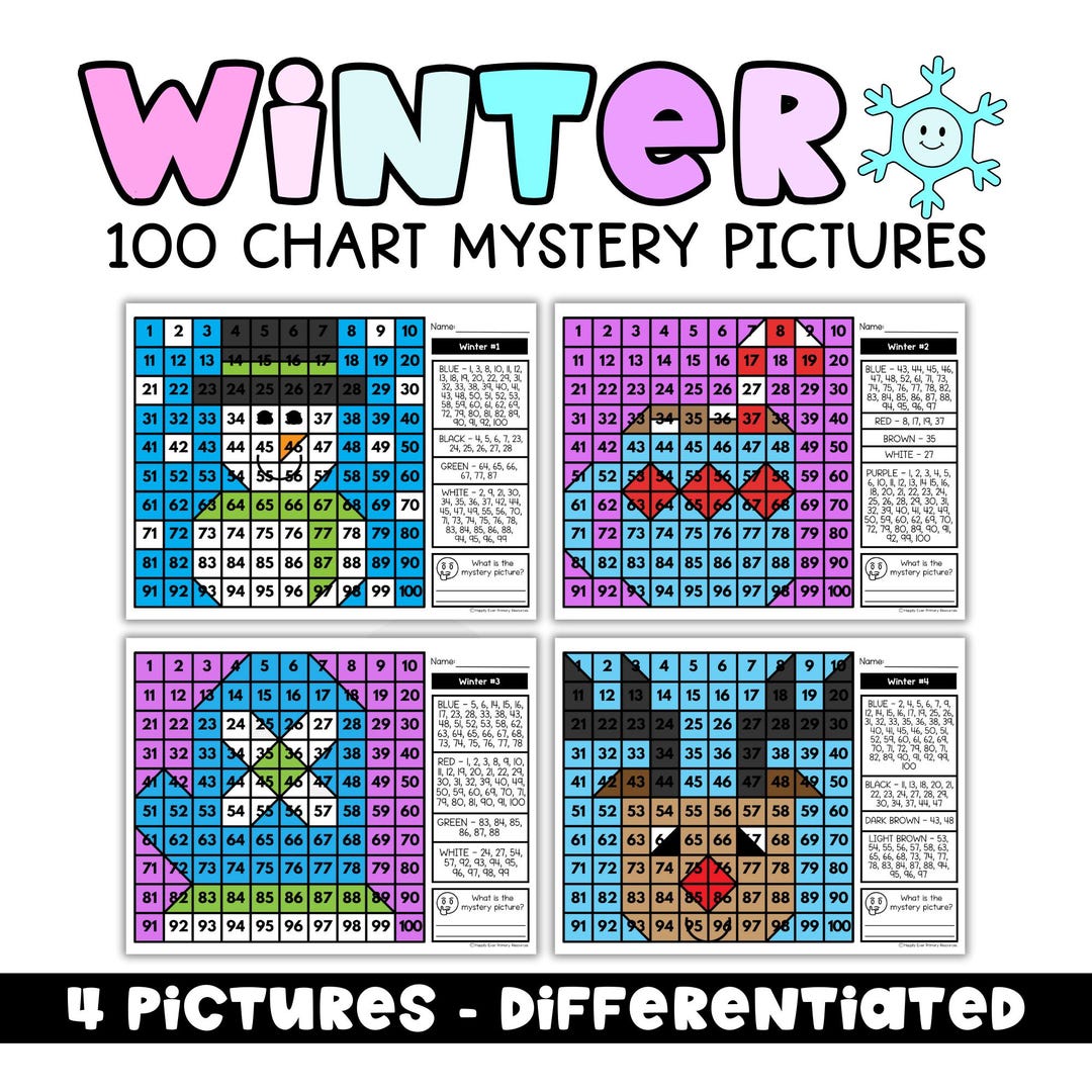 Winter 100 Chart Mystery Pictures | Color by Number Math Activities ...