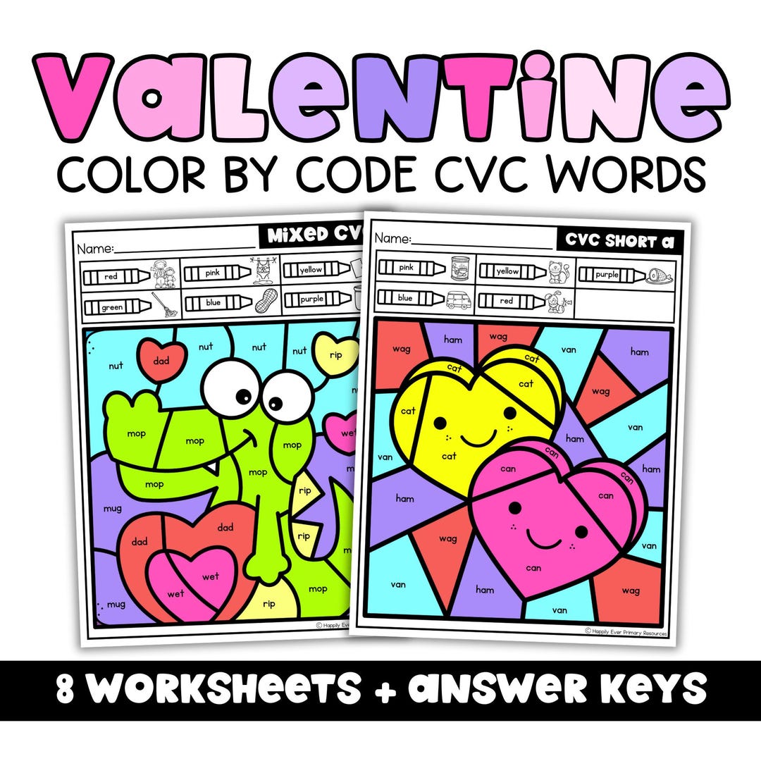 Valentine Color by Code CVC Word Worksheets | Short Vowel Phonics ...