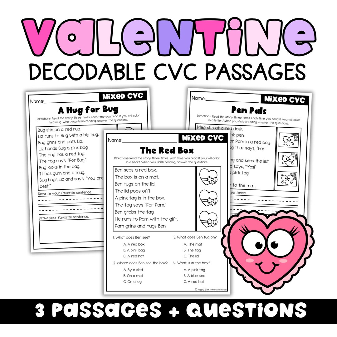 Valentine Decodable Passages CVC Words | Reading Fluency ...