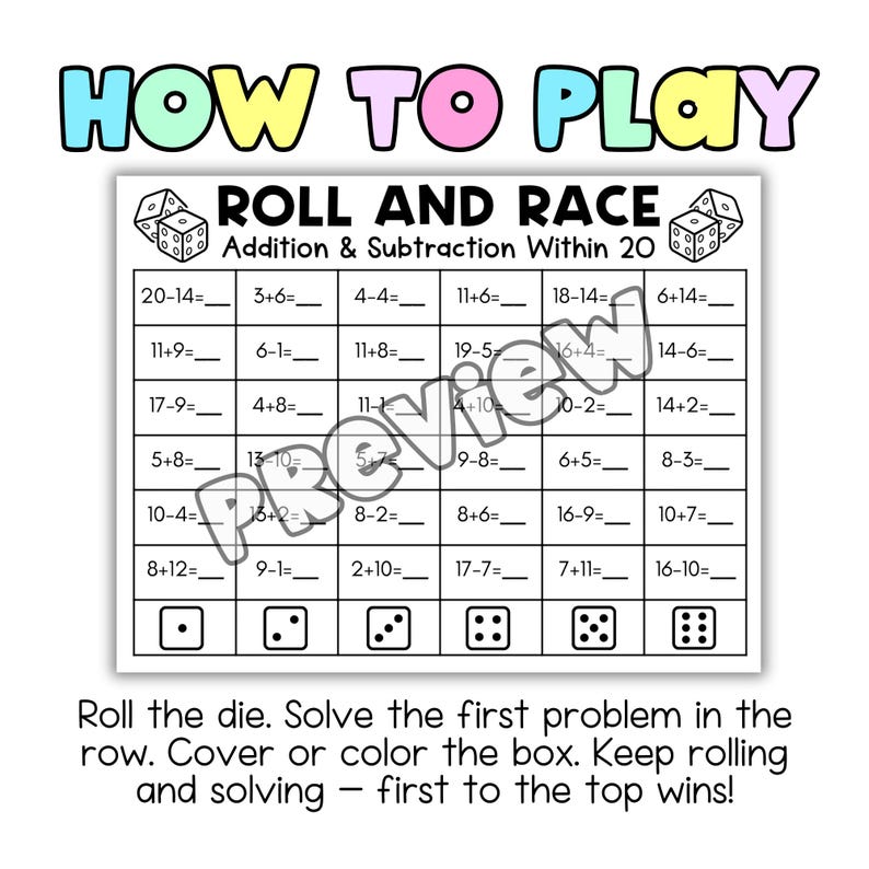 Roll and Race Math Dice Games | Addition and Subtraction Within 20 ...