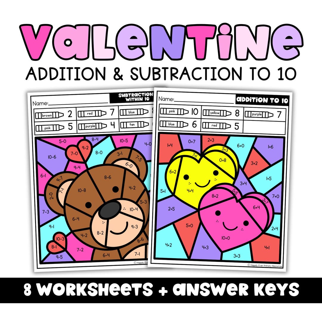 Valentine Color by Code Math Worksheets | Addition & Subtraction Within ...