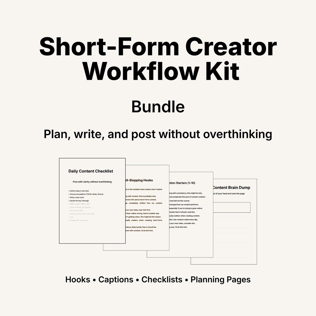 Short-form Creator Workflow Kit (bundle) | Hooks, Captions, Checklists ...