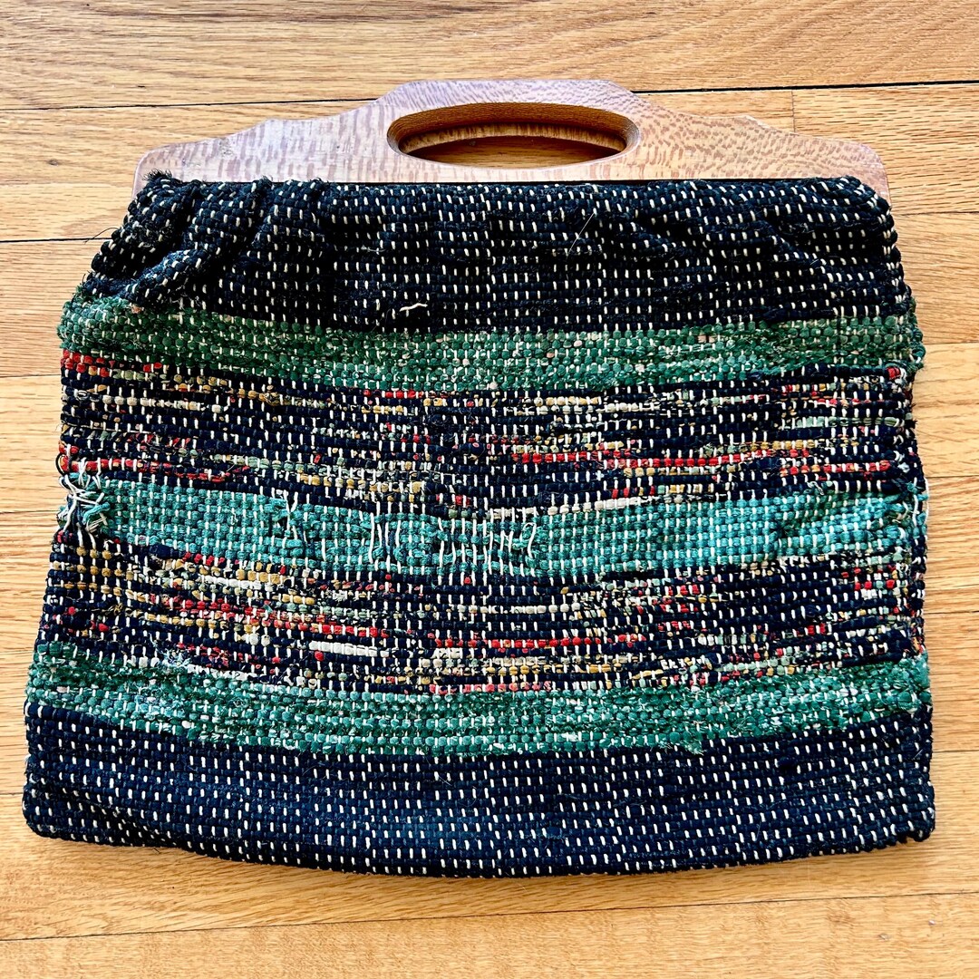 1930s Bermuda Bag Maplewood Handles Woven Black Green Scrap Depression ...