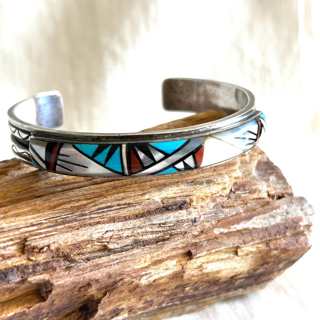 Vintage Zuni Cuff Bracelet Inlaid Turquoise Mother of Pearl Onyx Red ...