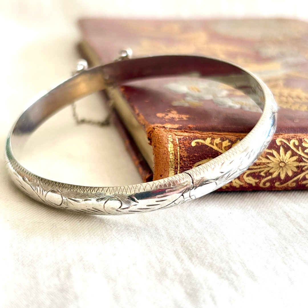 Hinged Sterling Silver Bangle Vintage Western Bracelet Size 7 1/4 Medium Laser Etched Floral ...