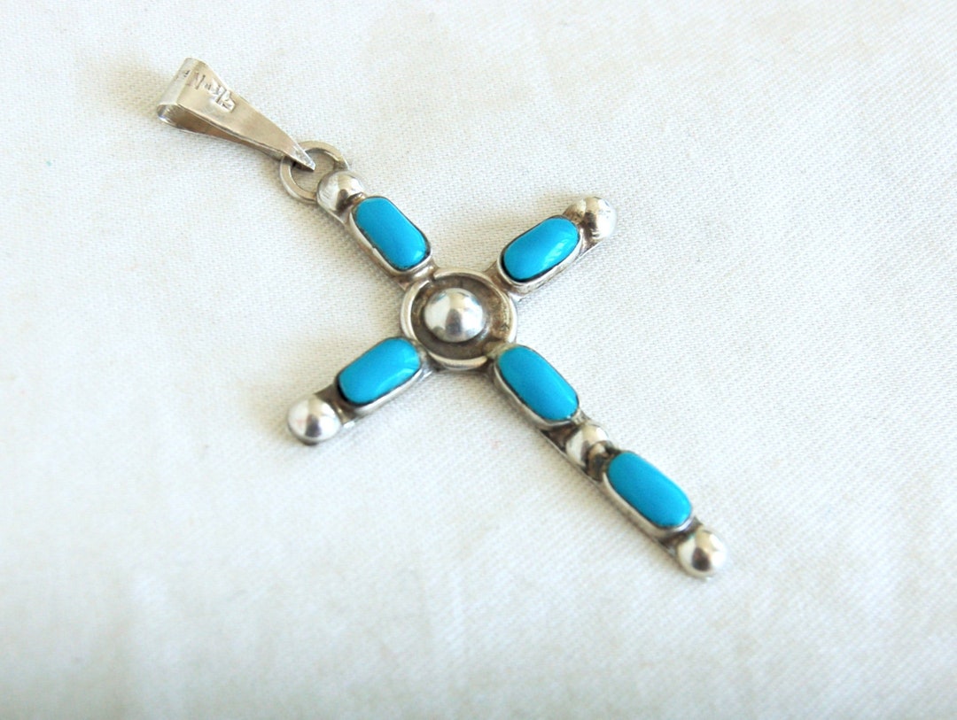 Turquoise Cross Pendant Vintage Mexican Blue Stone Sterling Silver ...