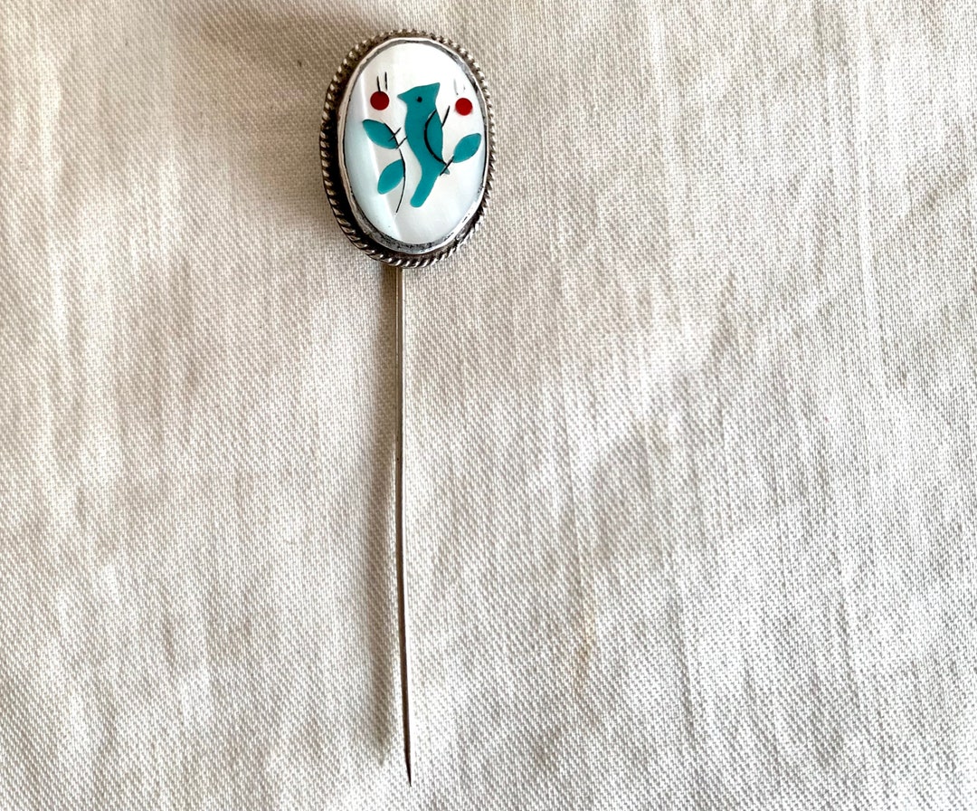 Zuni Bluebird Stick Pin Inlaid Turquoise, Red Coral, Onyx, Mother of ...