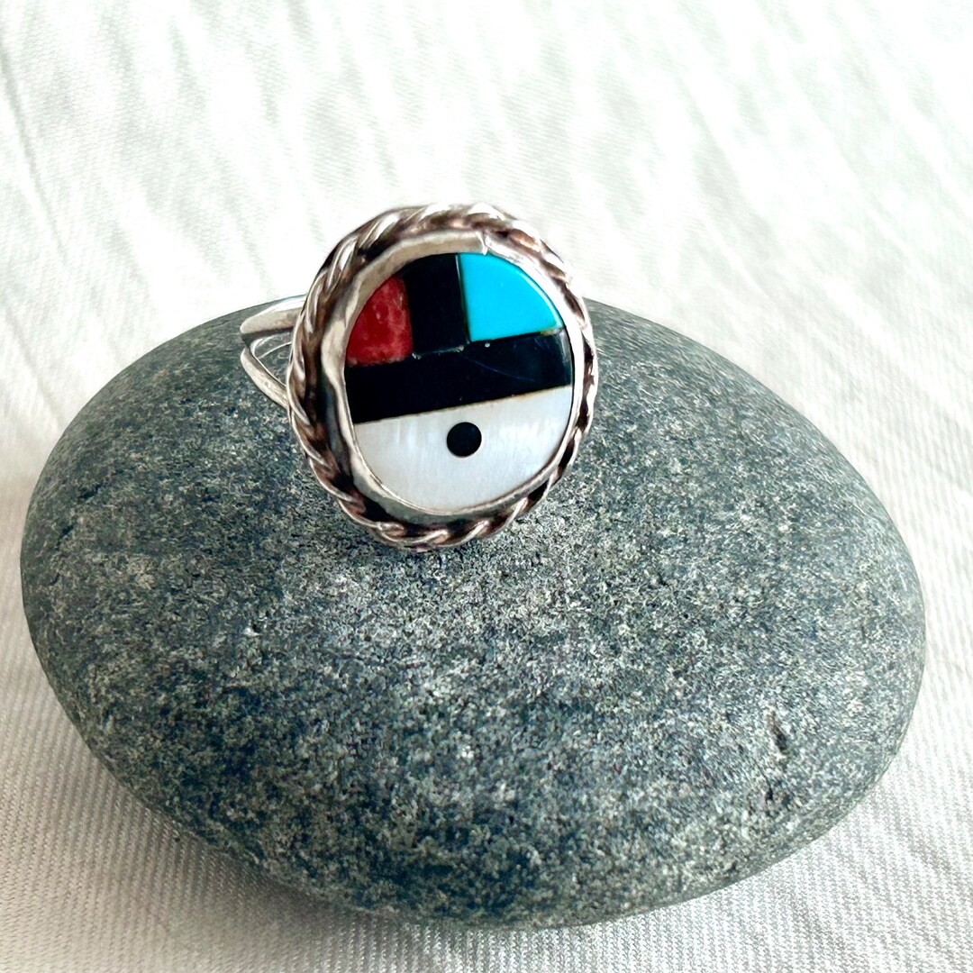 Zuni Sun Face Ring Size 7 Vintage Turquoise Red Coral Onyx Native ...