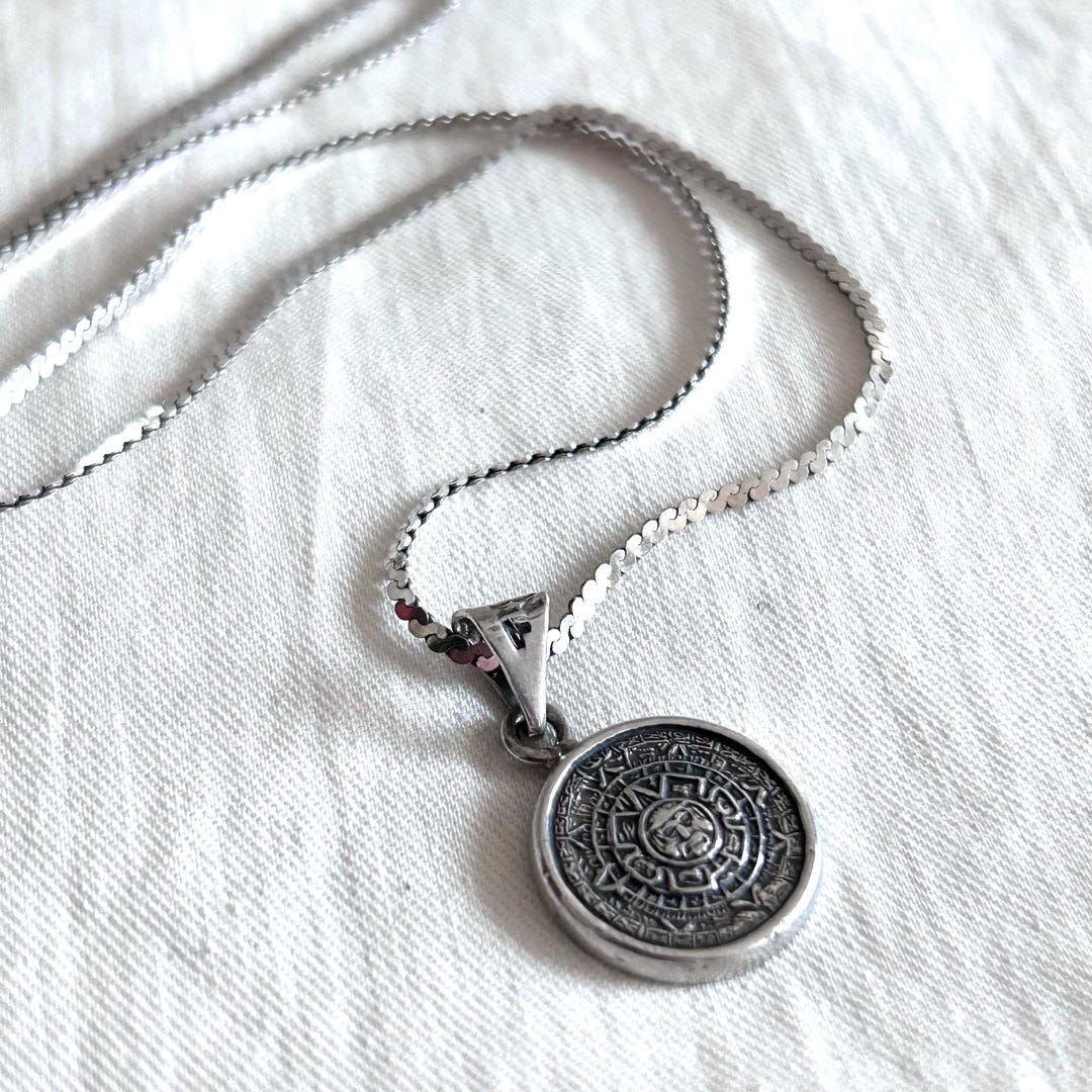 Vintage Aztec Calendar Necklace - Mexican Sterling Silver Mayan Pendant ...