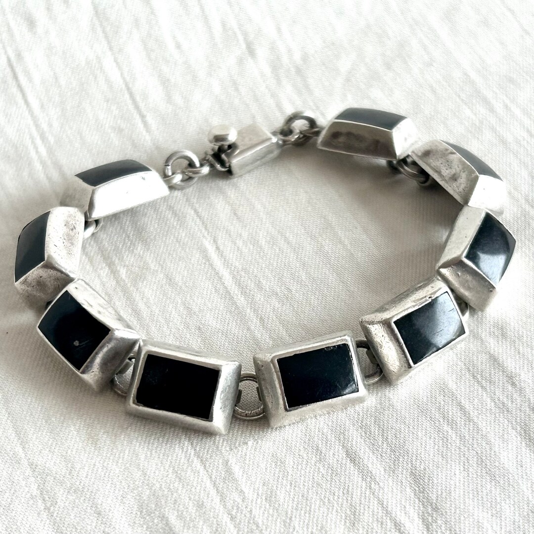 Mexican Bracelet Black Resin Rectangle Chain Link Sterling Silver ...
