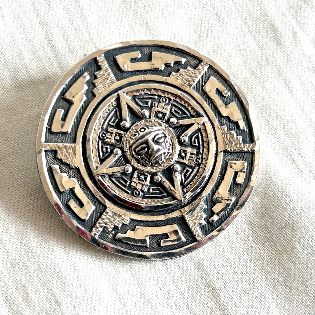 Aztec Sun Brooch Pin Vintage Mexican Sterling Silver Disc Mayan Meso ...