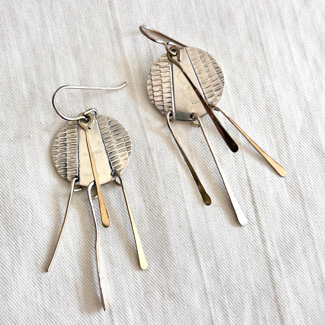Artisan Made Fringe Disc Dangle Earrings Sterling Silver Gold Statement ...