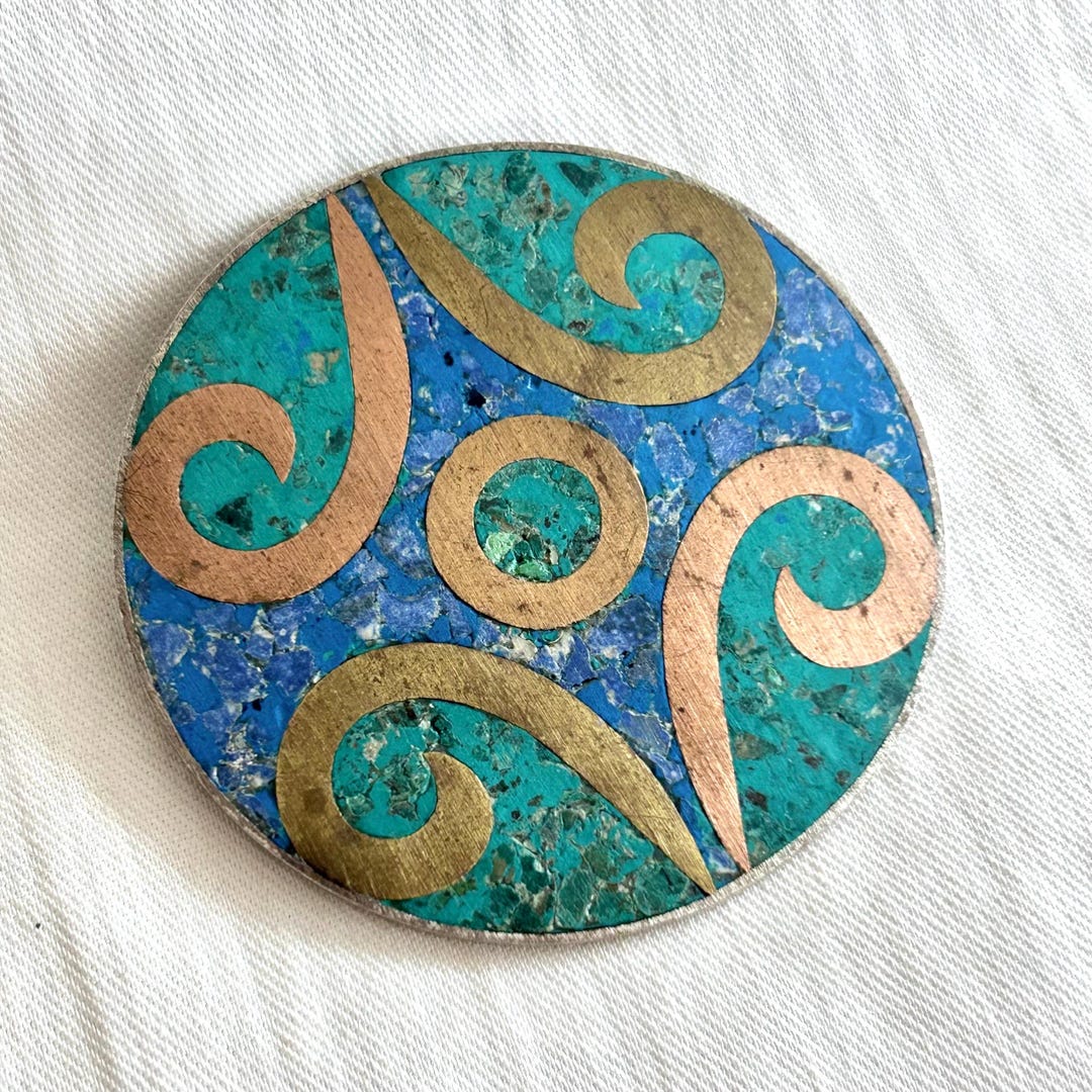Midcentury Mexican Sterling Silver Brooch: Mixed Metal Disc Blue Green ...