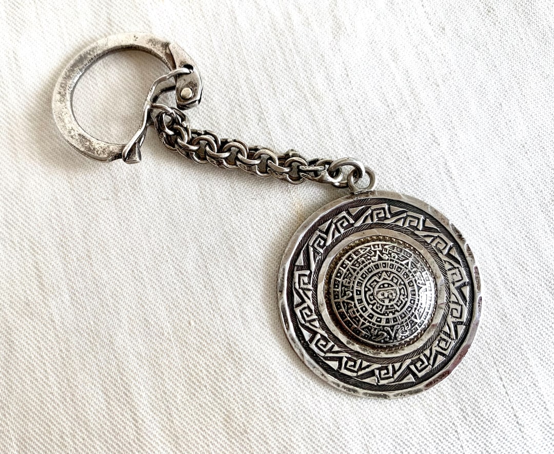 Mayan Aztec Calendar Keychain Vintage Mexican Sterling Silver Key Ring ...