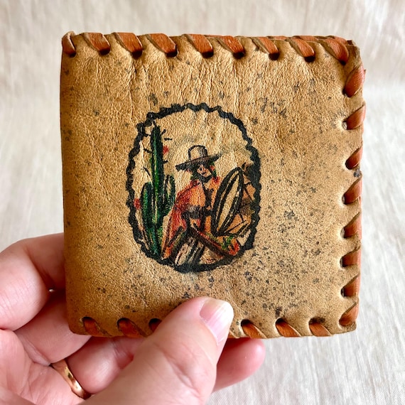 Antique Hand-Painted Leather Wallet: Southwest Desert… - Gem