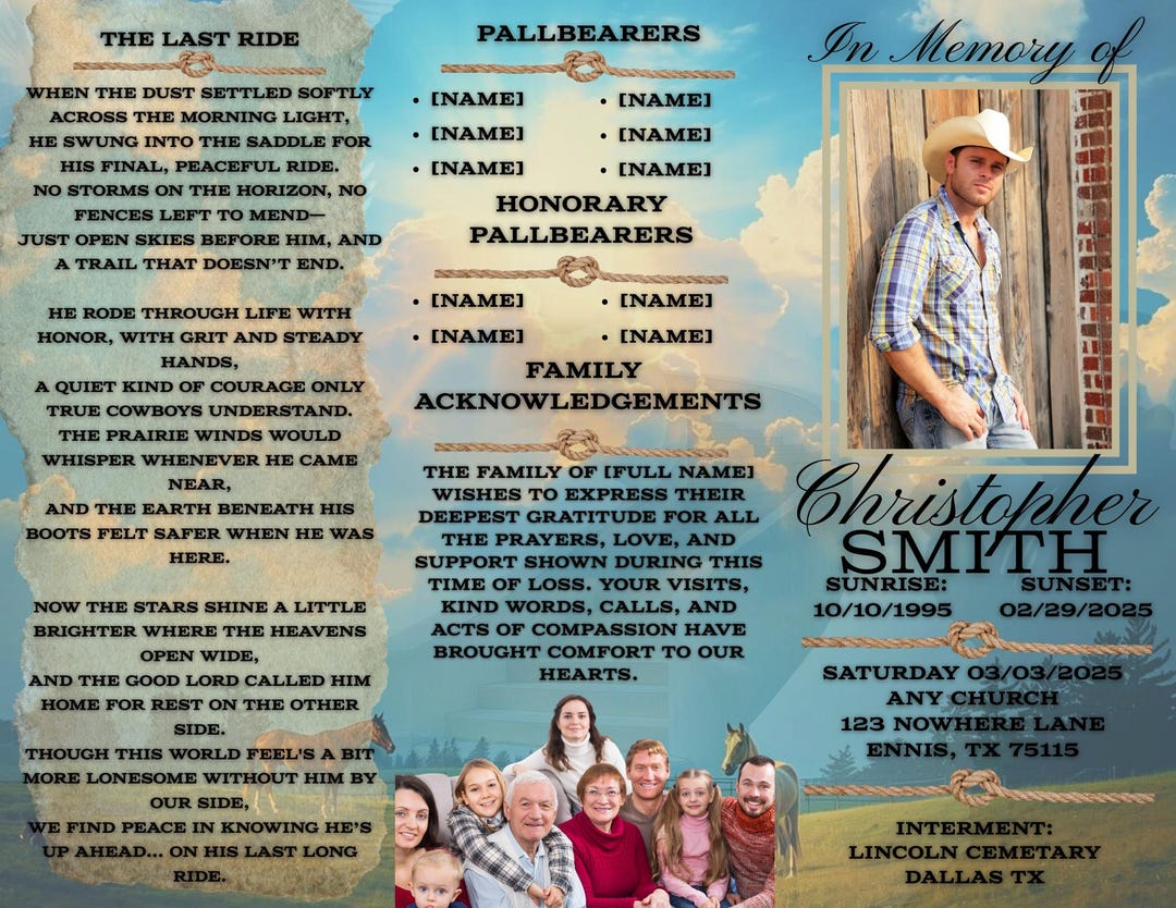 Western Funeral Program Template - Cowboy Obituary, Canva (digital ...