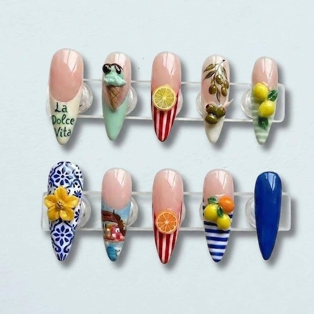 Handmade Italian Summer Press on Nails | Lemon, Gelato & Maiolica 3D ...