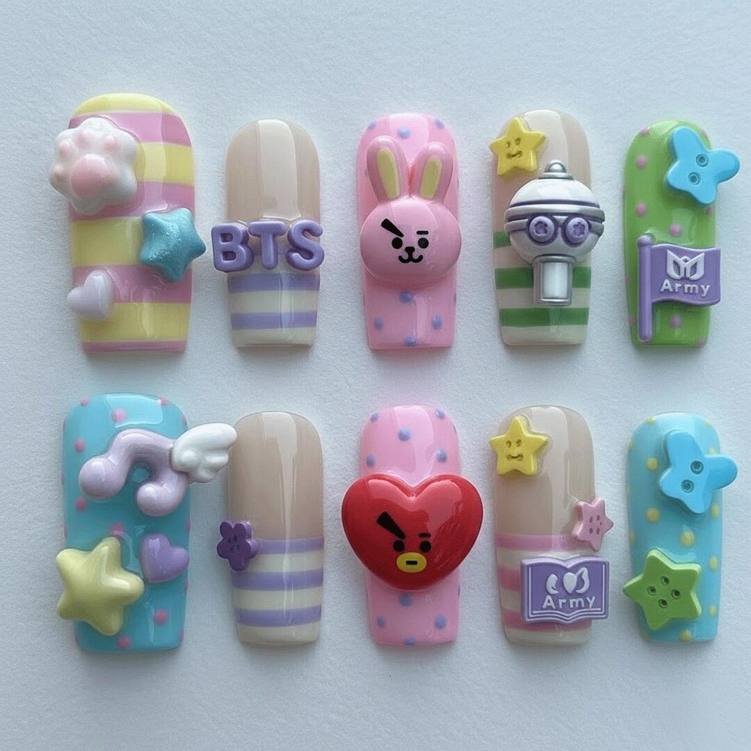 Handmade BTS BT21 Press on Nails | Pastel 3D Kawaii Nails | Bunny ...