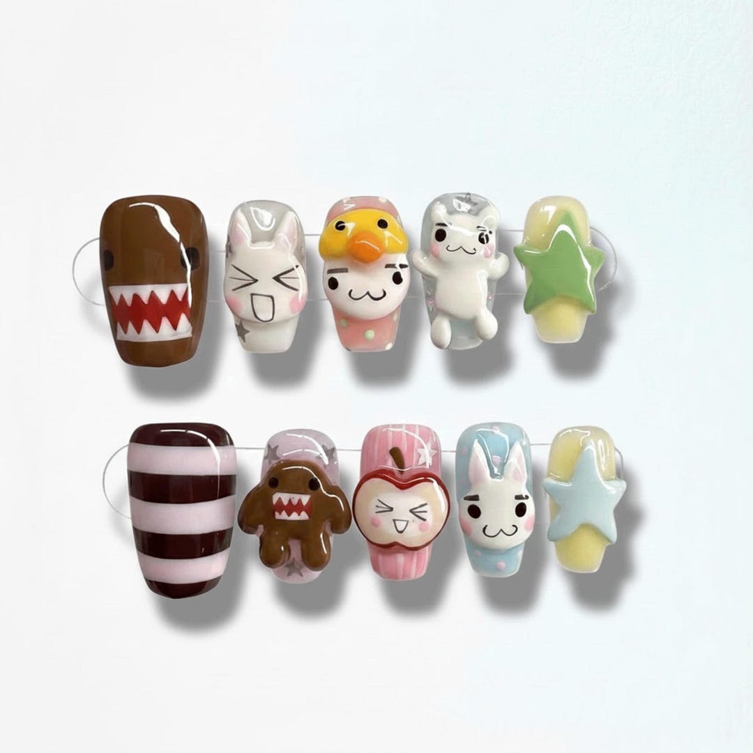Handmade Cute Domo-kun Press on Nails | Kawaii Bunny, Apple & Star 3D ...