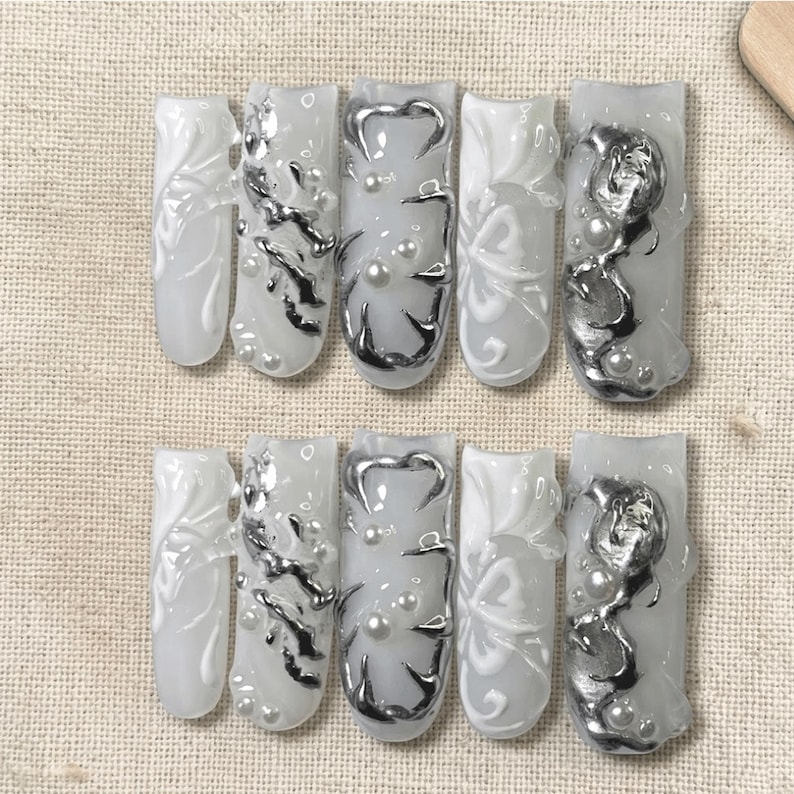 Silver Chrome Aura Press on Nails | 3D Sculpted Bow Heart Pearl Nails ...