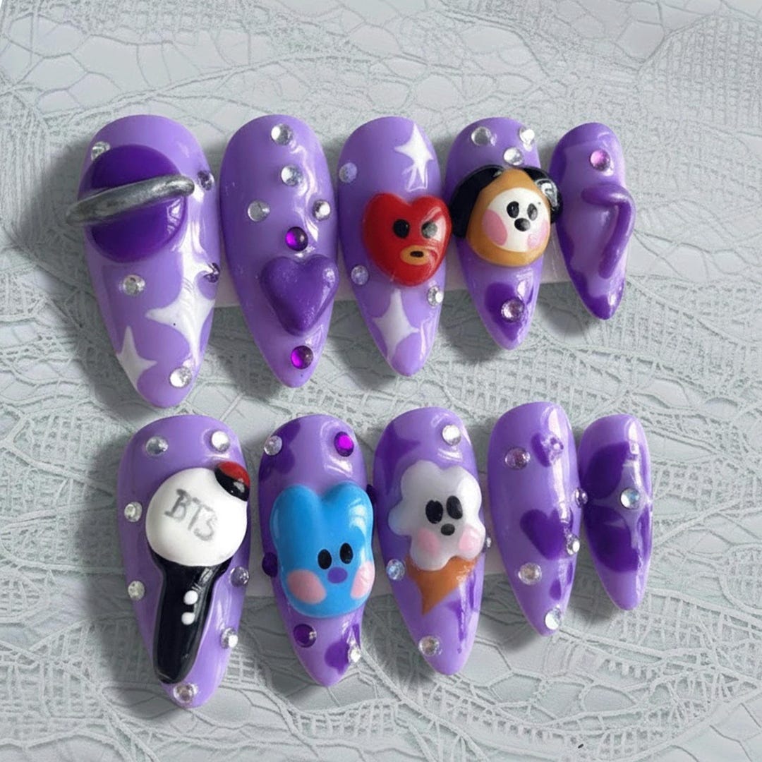 Handmade Purple Kpop Press on Nails | BT21 Inspired 3D Cartoon Art ...