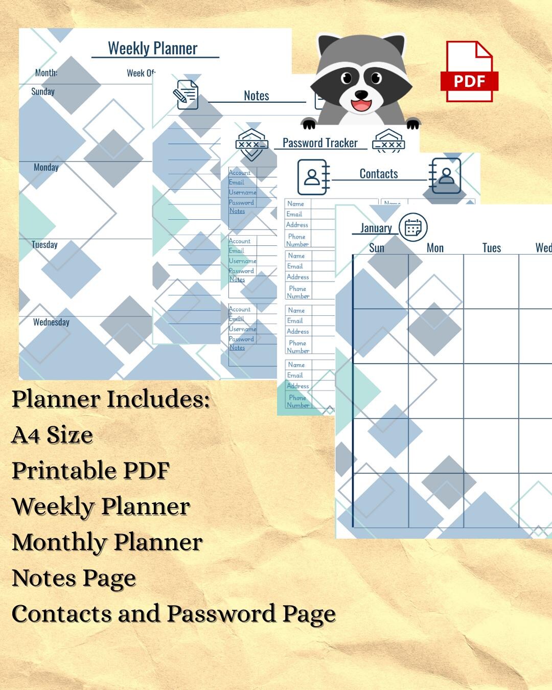 Printable Planner | Monthly & Weekly | Notes, Login Tracker, Contacts ...
